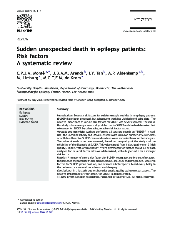 (PDF) Sudden unexpected death in epilepsy patients: Risk factors. A ...