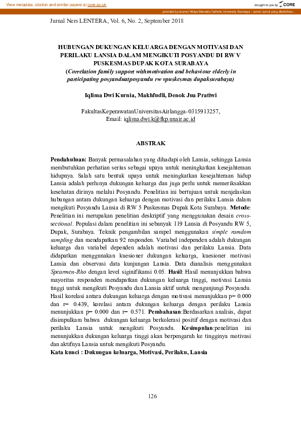 (PDF) Hubungan Dukungan Keluarga Dengan Motivasi Dan Perilaku Lansia Dalam Mengikuti Posyandu DI ...