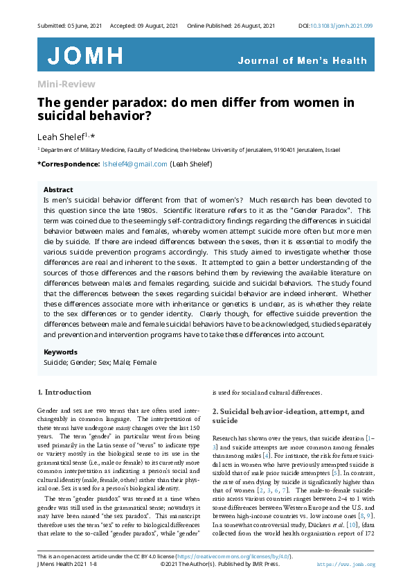 (PDF) The gender paradox: do men differ from women in suicidal behavior?