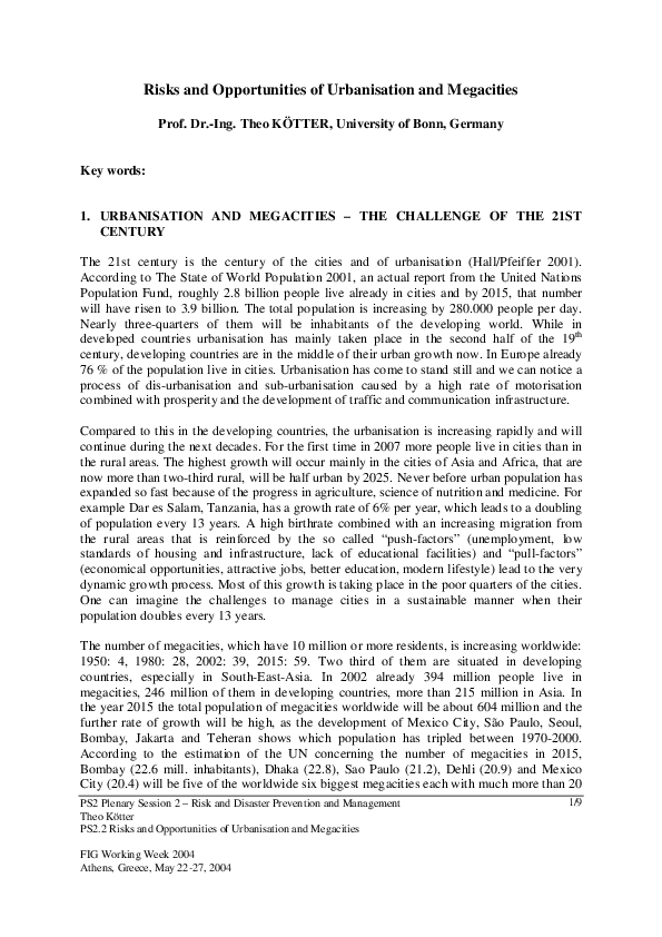 (PDF) Risks and opportunities of urbanization and megacities