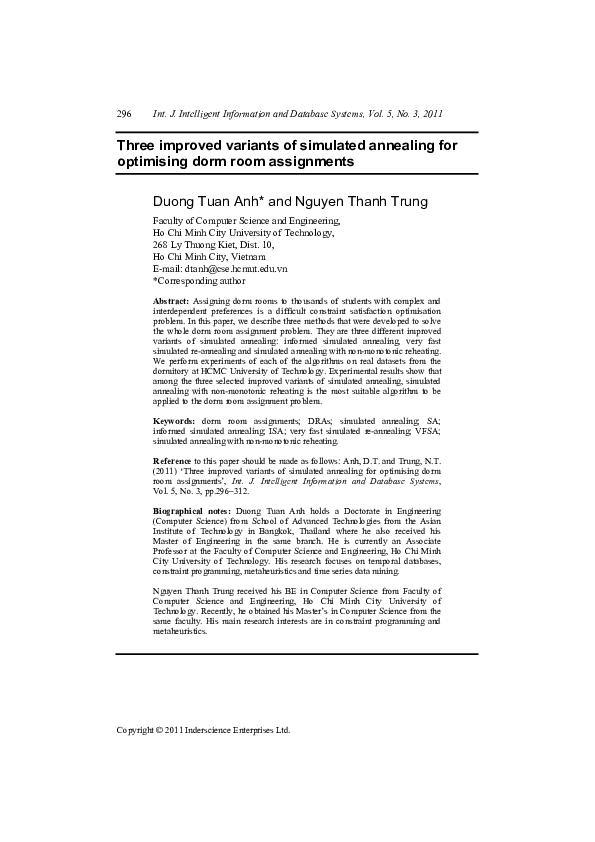 (PDF) Three improved variants of simulated annealing for optimising dorm room assignments