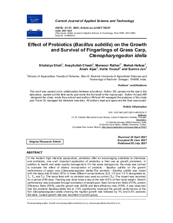 (PDF) Effect of Probiotics (Bacillus subtilis) on the Growth and ...