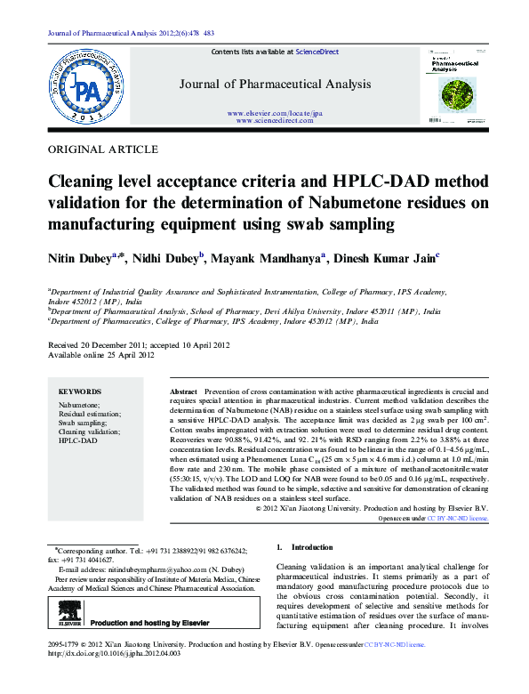 (PDF) Cleaning level acceptance criteria and HPLC-DAD method validation ...