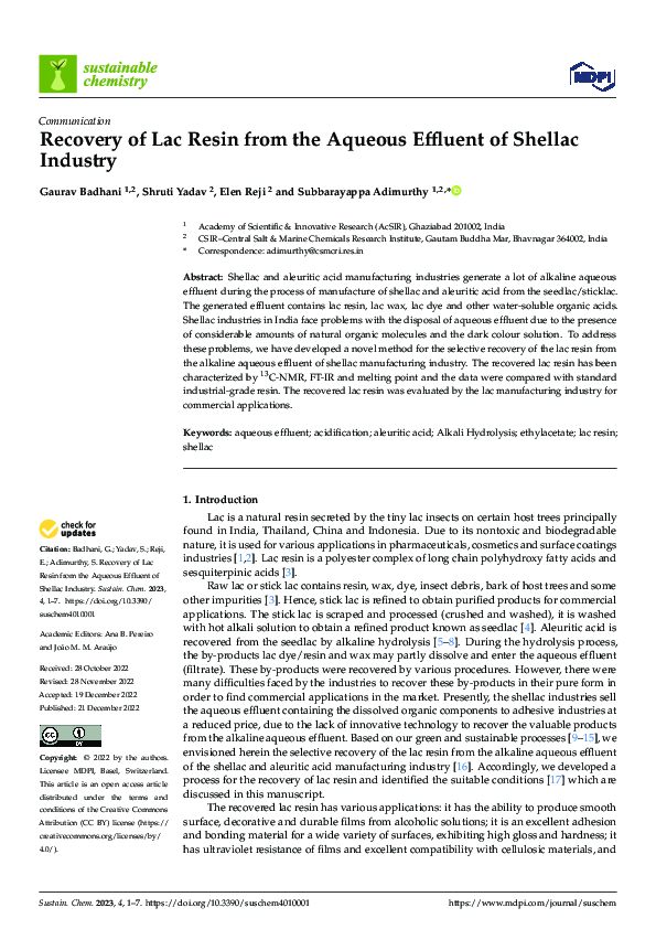 (PDF) Recovery of Lac Resin from the Aqueous Effluent of Shellac Industry