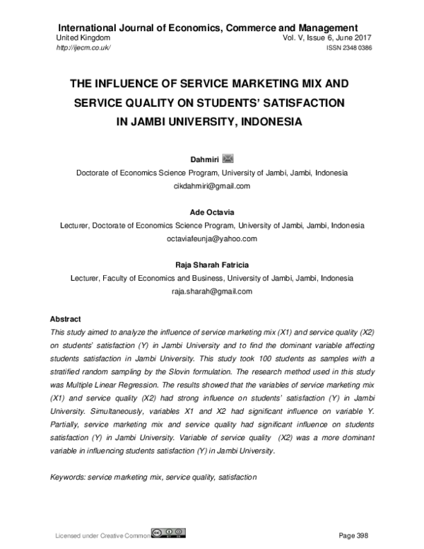 (PDF) The Influence of Service Marketing MIX and Service Quality on Students’ Satisfaction in ...