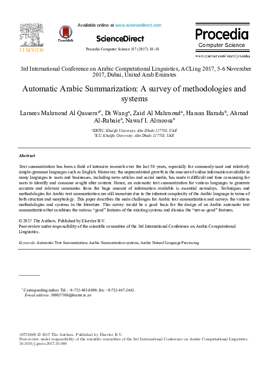 (PDF) Automatic Arabic Summarization: A survey of methodologies and systems