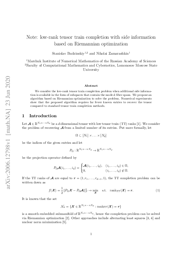 (PDF) Note: low-rank tensor train completion with side information based on Riemannian optimization