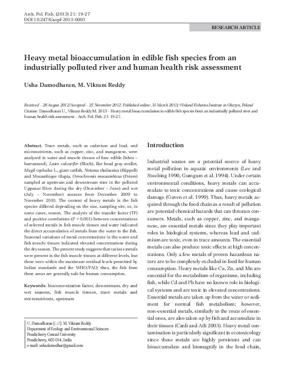 (PDF) Heavy metal bioaccumulation in edible fish species from an ...