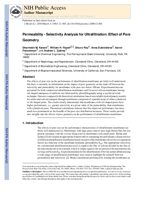 (PDF) Permeability–selectivity analysis for ultrafiltration: Effect of pore geometry | Shuvo Roy ...