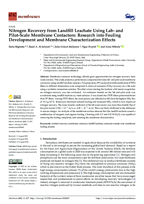 (PDF) Nitrogen Recovery from Landfill Leachate Using Lab- and Pilot-Scale Membrane Contactors ...