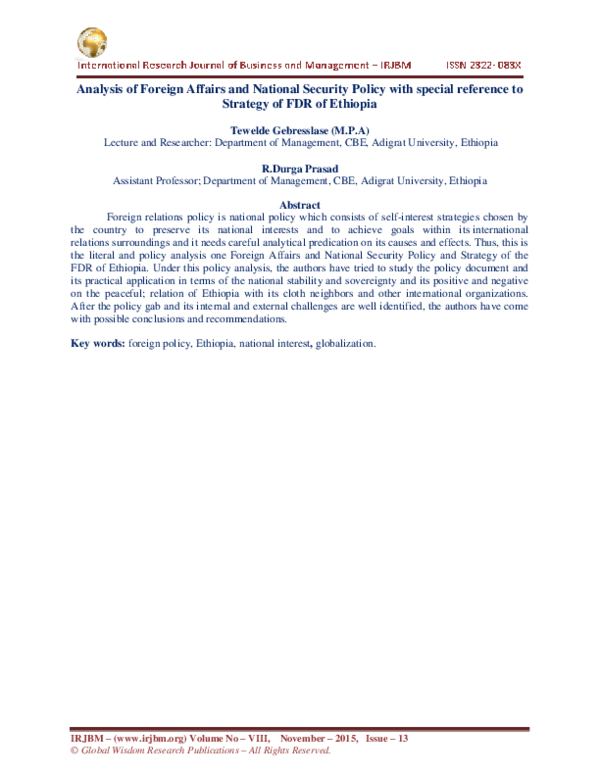 (PDF) Analysis of Foreign Affairs and National Security Policy with ...