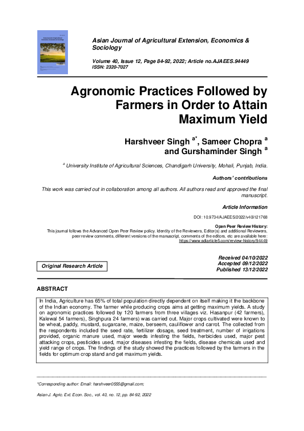 (PDF) Agronomic Practices Followed by Farmers in Order to Attain Maximum Yield