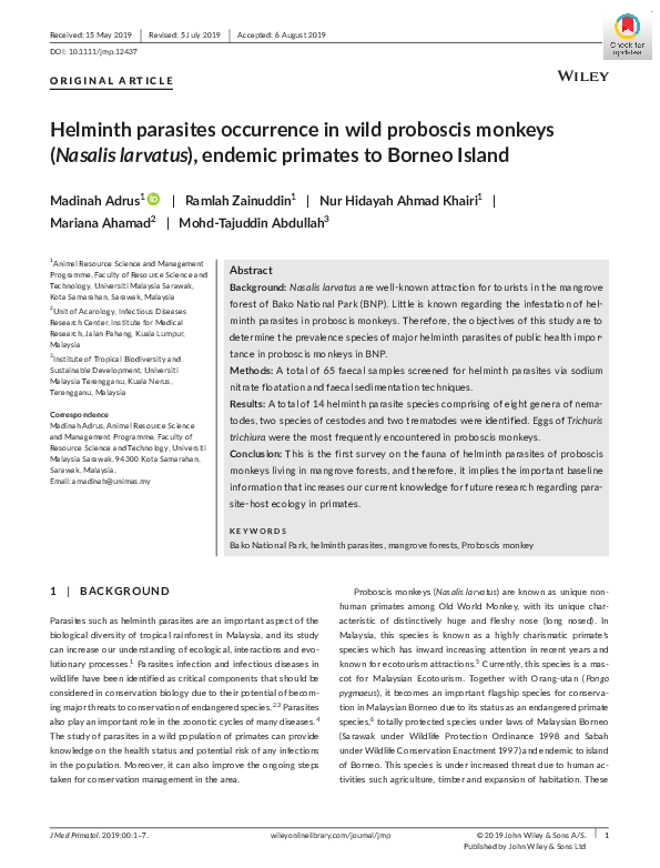 (PDF) Helminth parasites occurrence in wild proboscis monkeys ( Nasalis ...