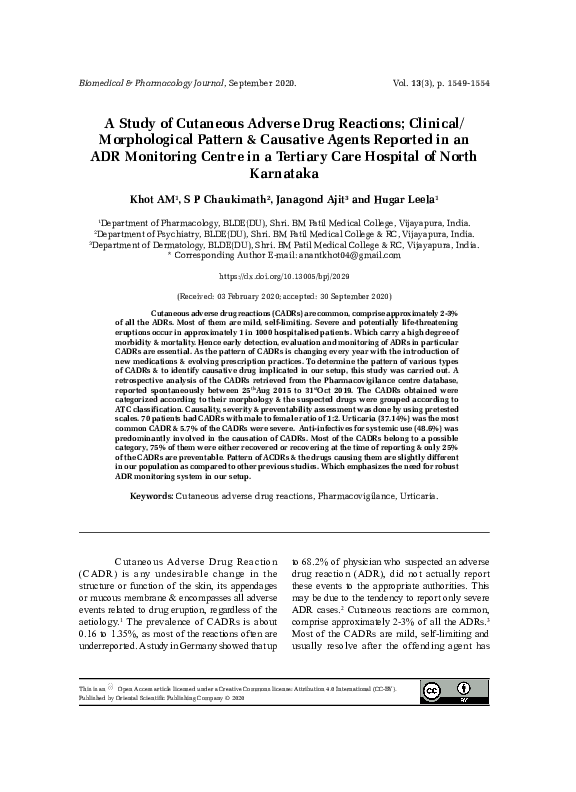 (PDF) A Study of Cutaneous Adverse Drug Reactions; Clinical ...