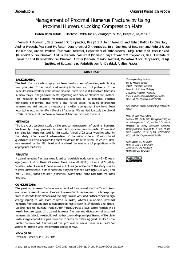 (PDF) Management of Proximal Humerus Fracture by Using Proximal Humerus Locking Compression Plate