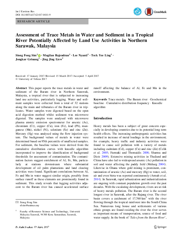 (PDF) Assessment of Trace Metals in Water and Sediment in a Tropical ...