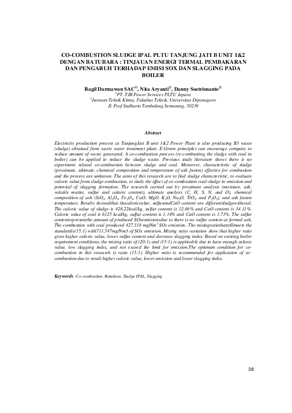 (PDF) Co-Combustion Sludge Ipal Pltu Tanjung Jati B Unit 1&2 Dengan Batubara : Tinjauan Energi ...