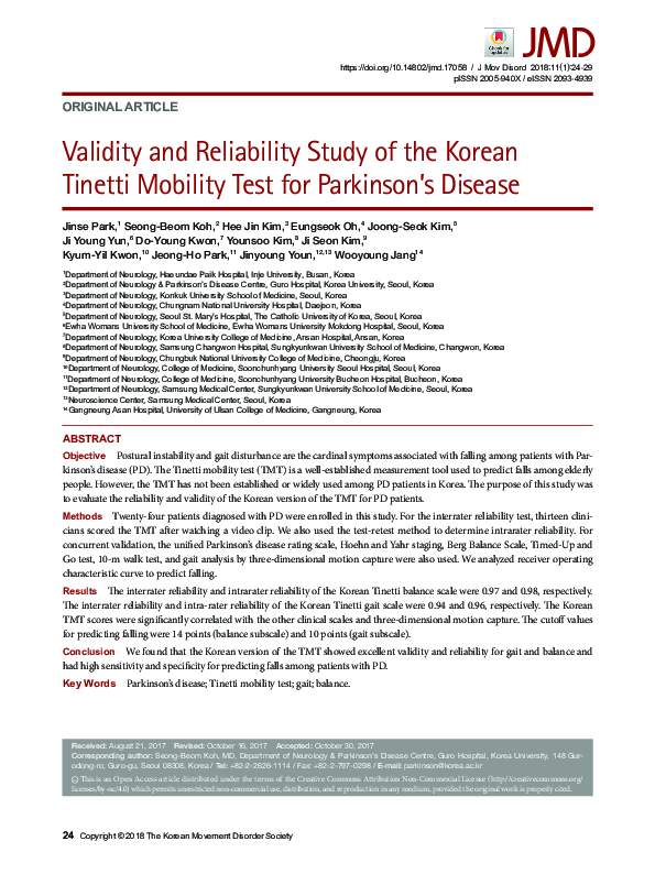 (PDF) Validity and Reliability Study of the Korean Tinetti Mobility ...