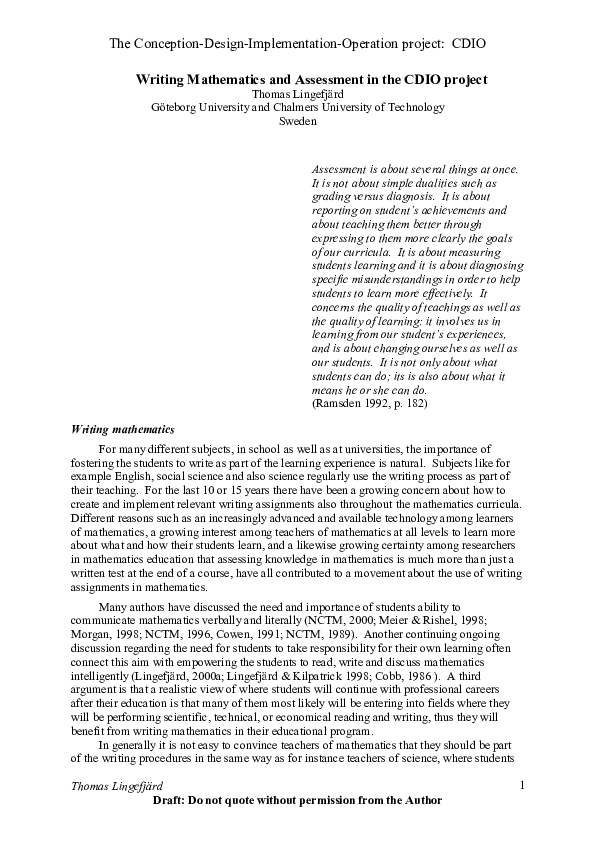 (PDF) Draft: Do not quote without permission from the Author Writing Mathematics and Assessment ...