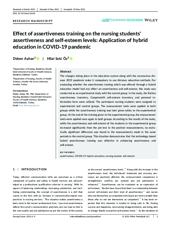 (PDF) Effect of assertiveness training on the nursing students' assertiveness and self‐esteem ...