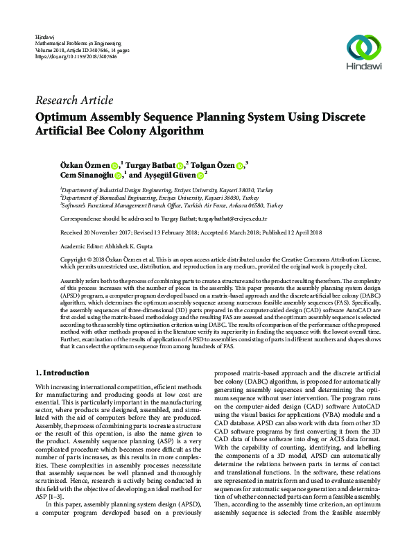 Pdf Optimum Assembly Sequence Planning System Using Discrete Artificial Bee Colony Algorithm