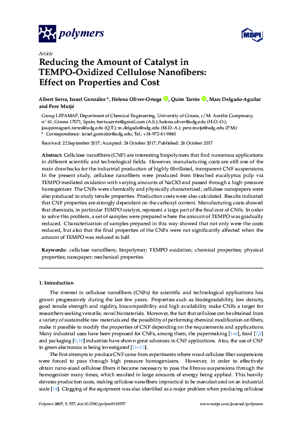 (PDF) Reducing the Amount of Catalyst in TEMPO-Oxidized Cellulose ...