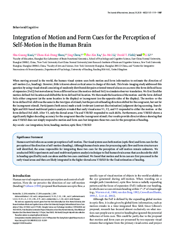 (PDF) Integration of Motion and Form Cues for the Perception of Self-Motion in the Human Brain