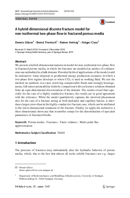 Pdf A Hybrid Dimensional Discrete Fracture Model For Non Isothermal Two Phase Flow In
