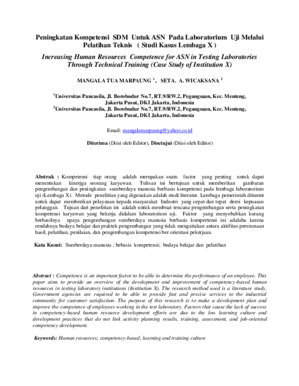 (PDF) Peningkatan Kompetensi SDM Untuk ASN Pada Laboratorium Uji Melalui Pelatihan Teknis ...