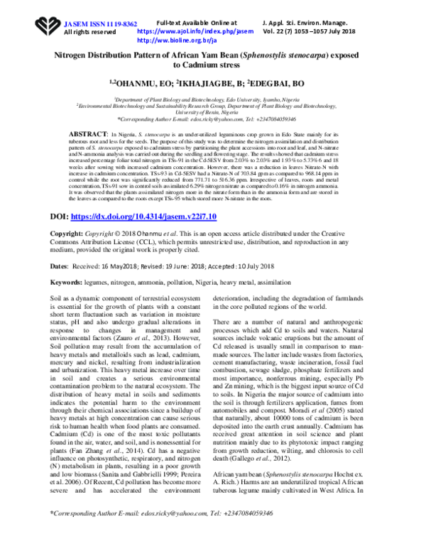 (PDF) Nitrogen Distribution Pattern of African Yam Bean (Sphenostylis stenocarpa) exposed to ...