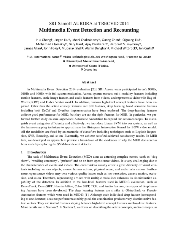 (PDF) SRI-Sarnoff AURORA System at TRECVID 2014 Multimedia Event Detection and Recounting ...