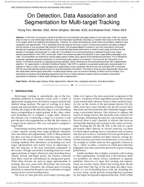 Pdf On Detection Data Association And Segmentation For Multi Target Tracking