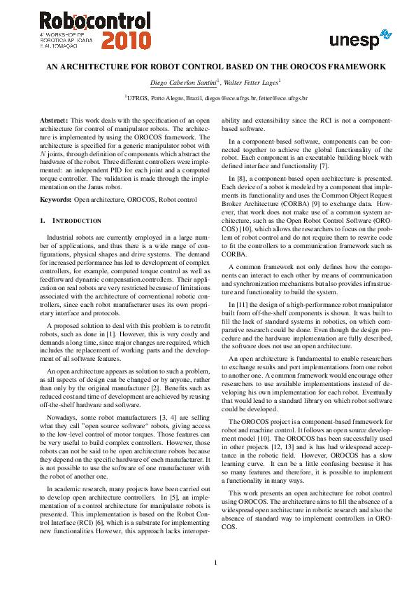 Pdf An Architecture For Robot Control Based On The Orocos Framework