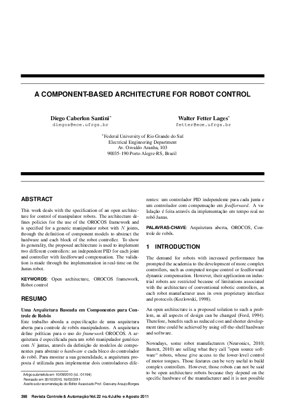 Pdf A Component Based Architecture For Robot Control
