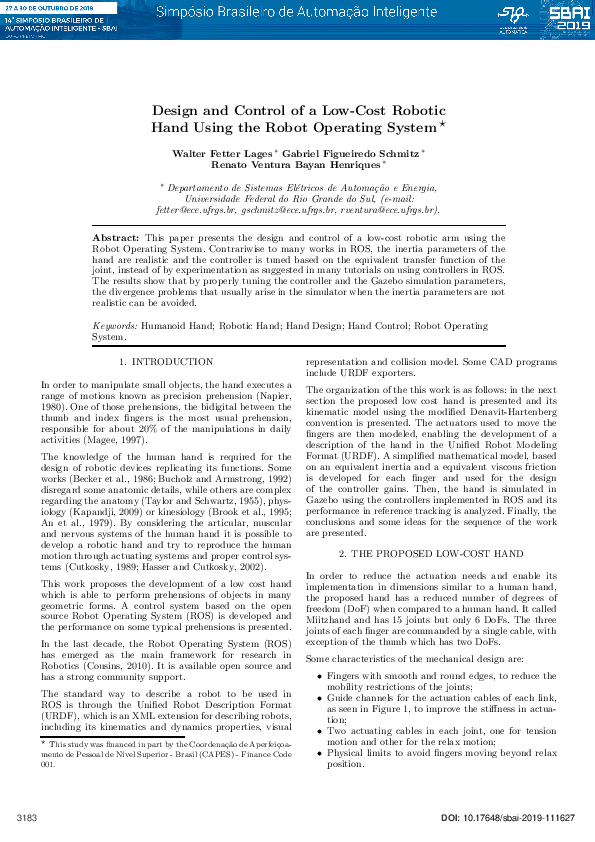 Pdf Design And Control Of A Low Cost Robotic Hand Using The Robot Operating System