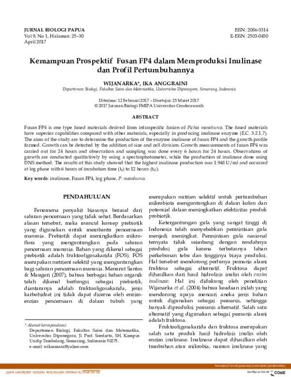 (PDF) Kemampuan Prospektif Fusan FP4 dalam Memproduksi Inulinase dan Profil Pertumbuhannya