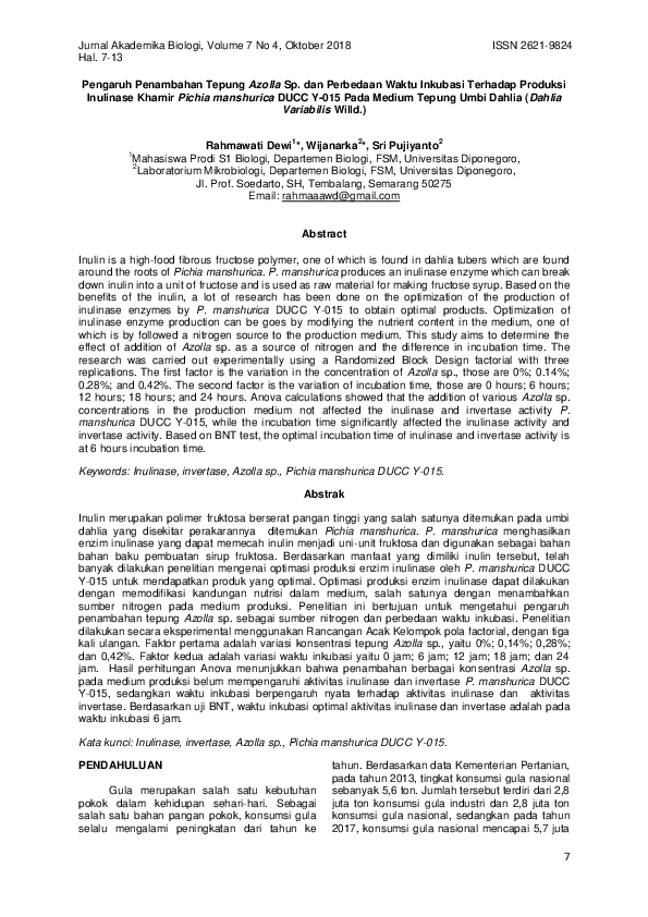 (PDF) Pengaruh Penambahan Tepung Azolla Sp. dan Perbedaan Waktu Inkubasi Terhadap Produksi ...