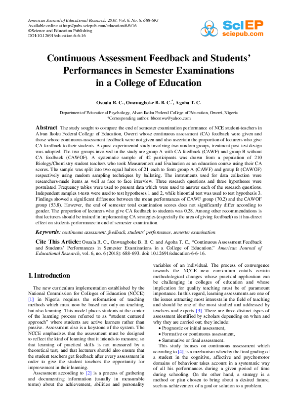 (PDF) Continuous Assessment Feedback and Students’ Performances in Semester Examinations in a ...