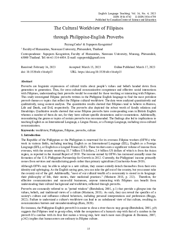 (PDF) The Cultural Worldview of Filipinos through Philippine-English ...