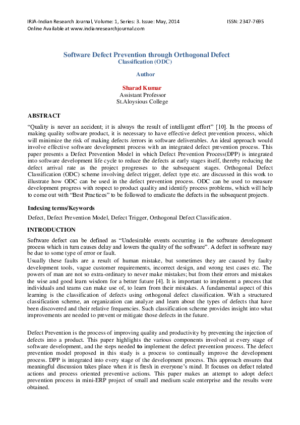 (PDF) Defect Prevention through Orthogonal Defect Classification ( ODC ) | Sakthi Kumaresh ...