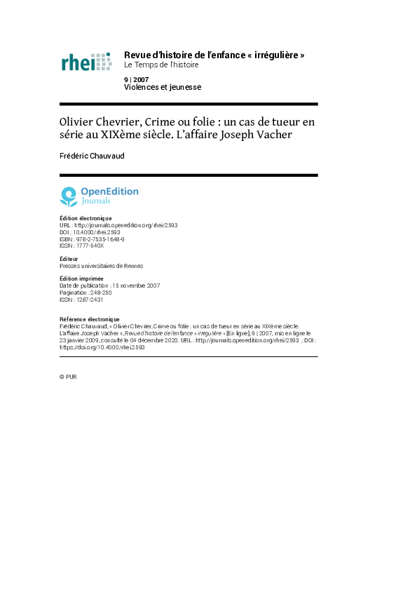 (PDF) Olivier Chevrier, Crime ou folie : un cas de tueur en série au ...