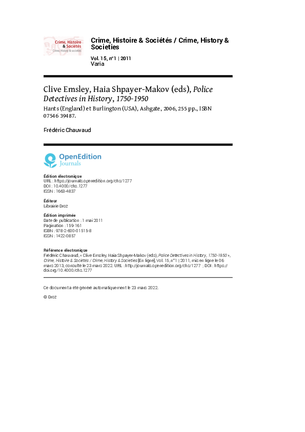 (PDF) Clive Emsley, Haia Shpayer-Makov (eds), Police Detectives in ...
