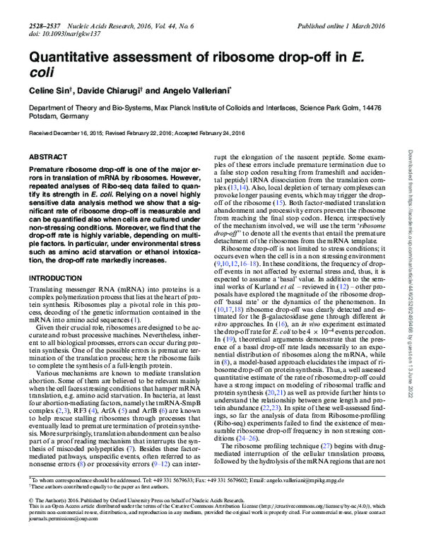 Pdf Quantitative Assessment Of Ribosome Drop Off Ine Coli Davide Chiarugi