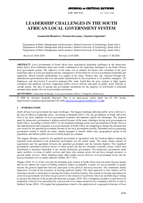 (PDF) Leadership challenges in the South African local government system