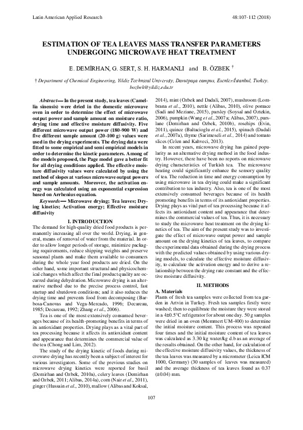 (PDF) Estimation of Tea Leaves Mass Transfer Parameters Undergoing ...