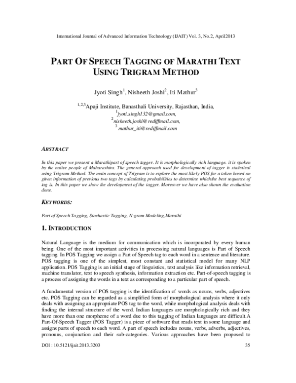 (PDF) Part of Speech Tagging of Marathi Text Using Trigram Method