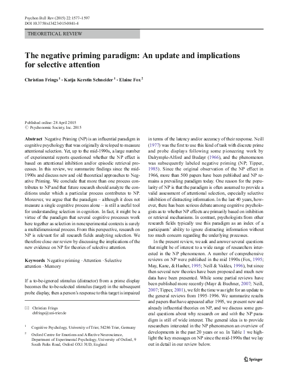 (PDF) The negative priming paradigm: An update and implications for selective attention ...