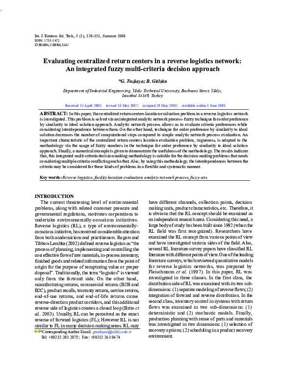 (PDF) Evaluating centralized return centers in a reverse logistics ...
