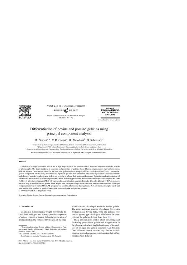 (PDF) Differentiation of bovine and porcine gelatins using principal component analysis