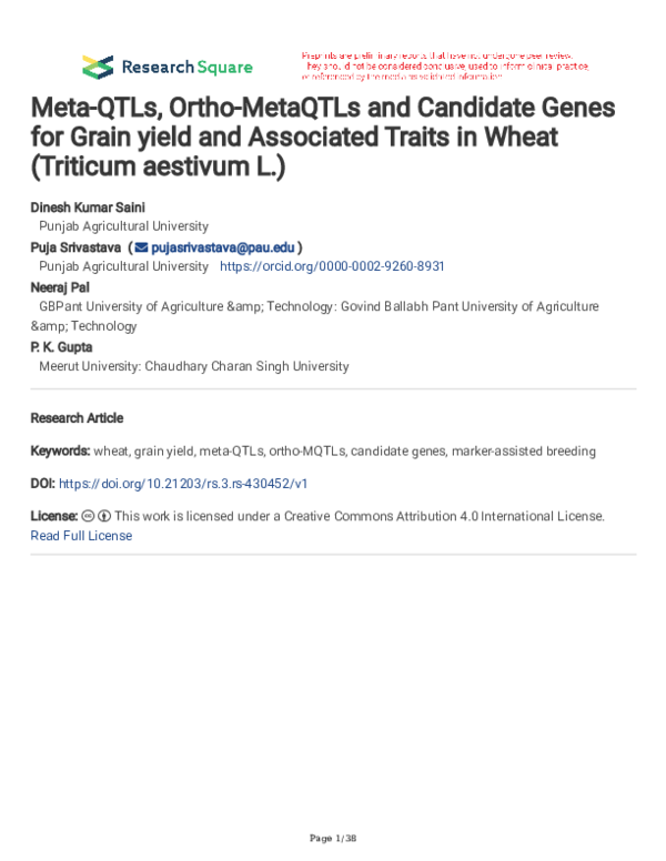 (PDF) Meta-QTLs, Ortho-MetaQTLs and Candidate Genes for Grain yield and ...